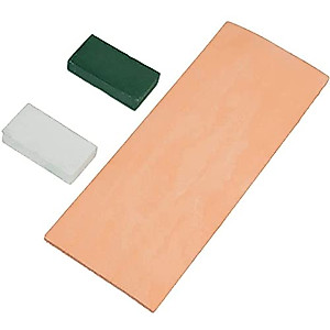 Double side 8" x 3" Leather Strop with Dual-sidedt Tape, Green & White Polishing Compound Kit for Honing & Sharpening Knives, Kitchen & Chef Knives, Straight razor, Wood Carving Chisels Brown