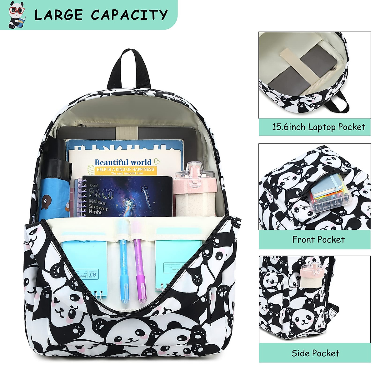Fuyicat Panda School Backpack Set for Girls, 3-in-1 Kids Teens Elementary Middle School Bags Bookbag with Lunch Bag Pencil Case