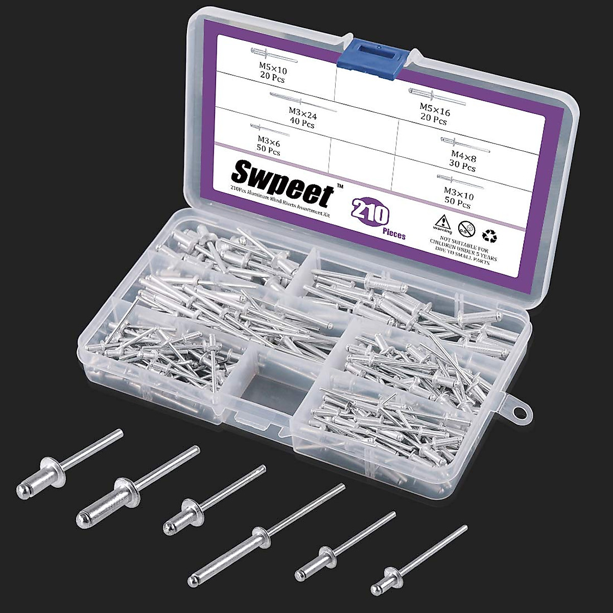 Swpeet 211Pcs Black Alloy Steel Electric Rivet Gun Adapter Kit, Including 2.4/3.2/4.0/4.8mm Diameter Rivet Head and Handle Wrench with 500Pcs Aluminum Blind Rivet Kit