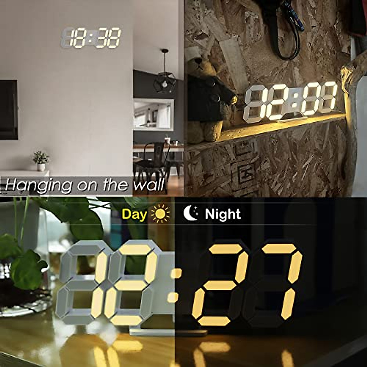 KOSUMOSU Digital Clock 3D LED Wall Clock 9.7" Bedside Clock for Bedroom Living Room Office Classroom Night Light Auto/Custom Brightness, Temperature, Remote Control (Warm Light)