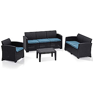 MCombo 7pcs Patio Furniture Set All-Weather Outdoor Sectional Sofa Rattan Pattern Patio Conversation Set w/Seat Cushions 6050-800 (Blue)