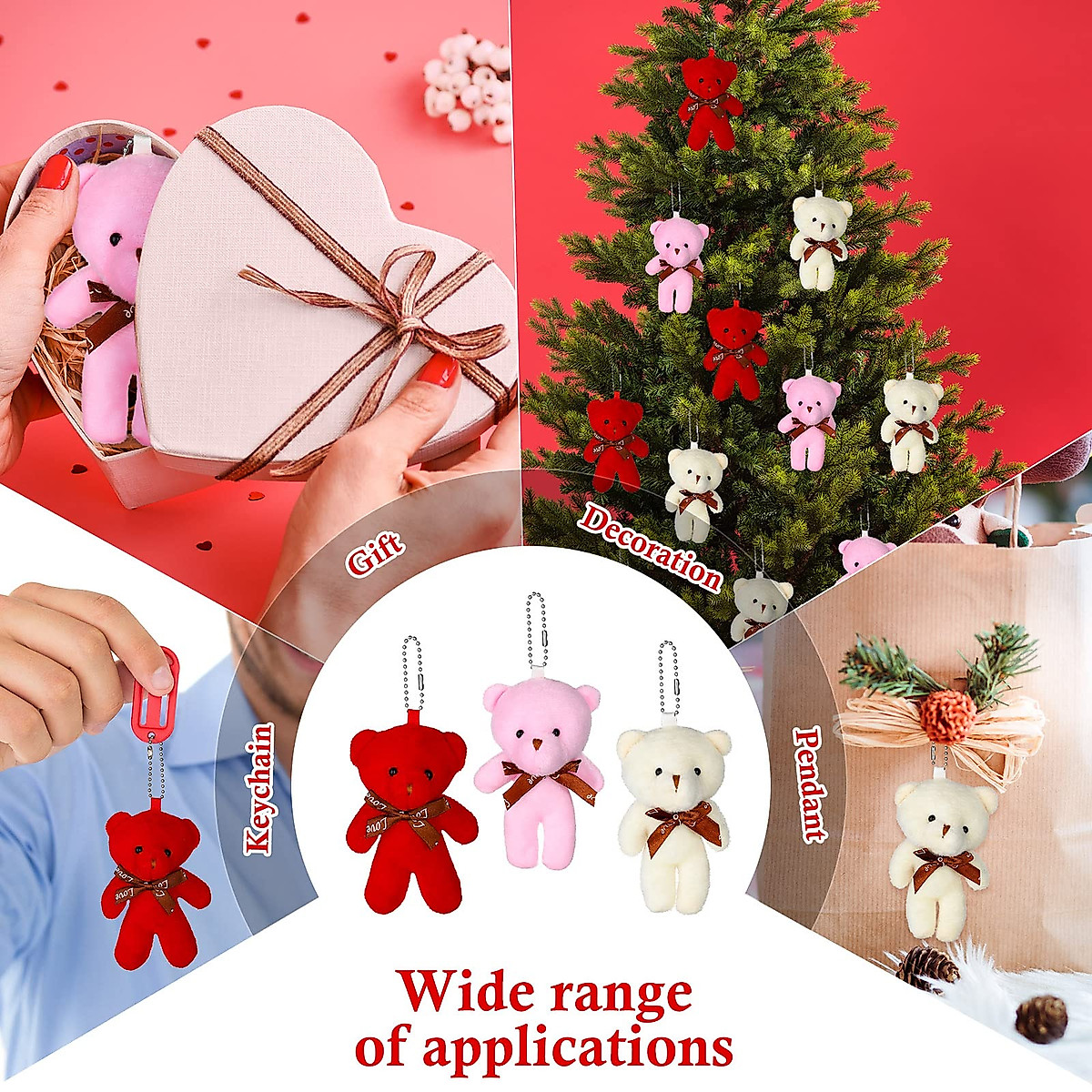 15 Pieces Valentine's Day Mini Bear Toy 4.7 Inch Stuffed Animal Jointed Bear Plush Doll Miniature Bear for Wedding Keychain Birthday Xmas Decorations Party Favors (Red, Pink, White)