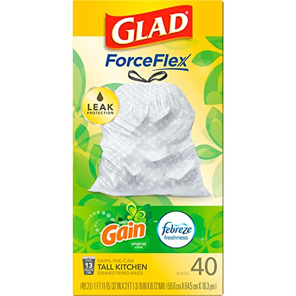 GLAD ForceFlex Tall Drawstring Trash Bags, 13 Gallon White Trash Bags for Tall Kitchen Trash Can, Gain Original Scent to Eliminate Odors, 40 Count
