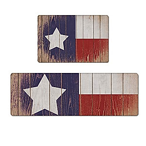 Anti Fatigue Kitchen Mat Set of 2 Non Slip Waterproof Thick Cushioned Kitchen Rug Sets with Runner Heavy Duty Comfort Standing Mats Kitchen Carpet Western Texas Star on Wooden Plank 18x30x18x59 Inch