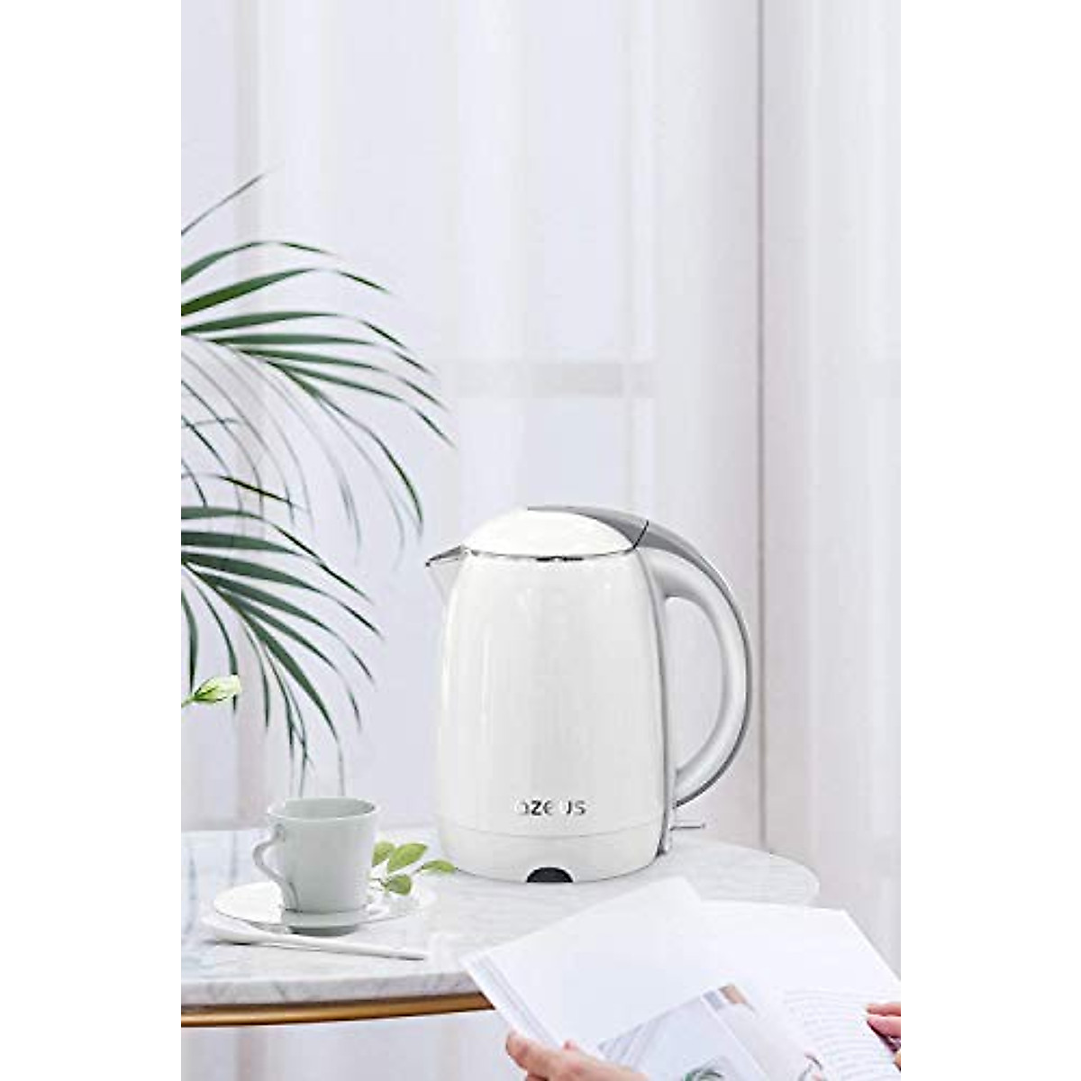 AZEUS Electric Kettle 1500W Cool Touch Tea Kettle Anti-scalding Design 1.8L Large Capacity Double Wall Kettle Cordless Water Boiler with Auto Shut-Off and Boil-Dry Protection, BPA-Free, White