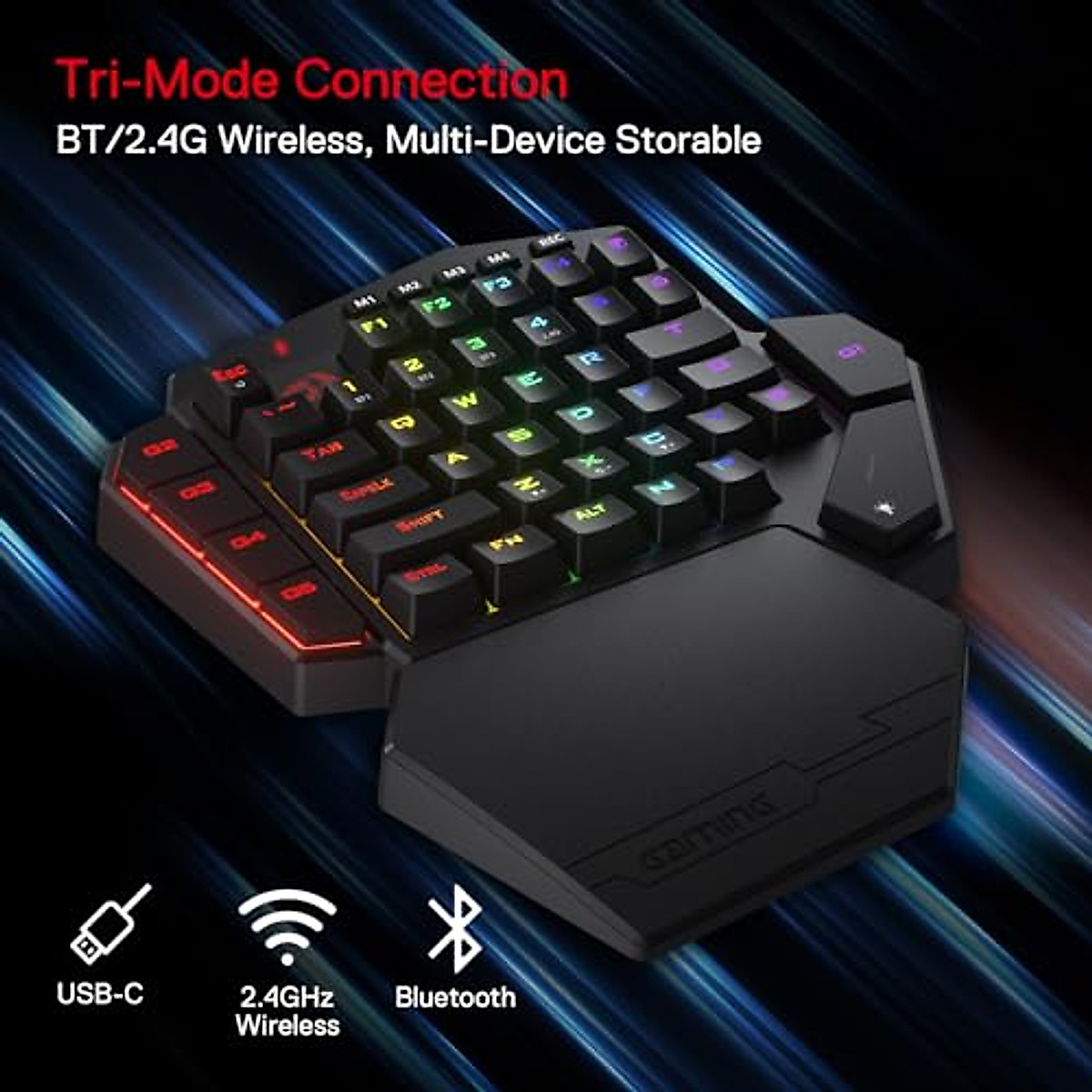Redragon K585 PRO Wireless One-Handed Mechanical Keyboard, 42 Keys 3-Mode RGB 40% Gaming Keypad w/ 7 Onboard Macro Keys, Detachable Wrist Support, Rechargeable Battery (Blue Switch)