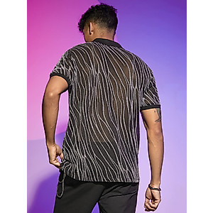WDIRARA Men's Marble Print Glitter Mesh Sheer Collared Short Sleeve Tee Top Striped Party T Shirt Multicolor S