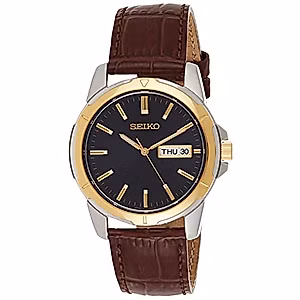 SEIKO Men's SNE102 Stainless Steel Solar Watch with Brown Leather Strap, Black
