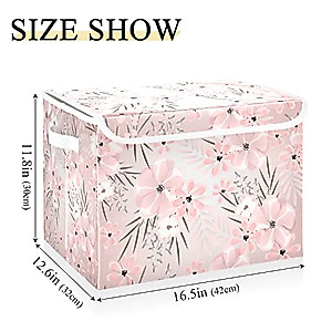 Kigai Storage Basket Pink Flowers Print Storage Boxes with Lids and Handle, Large Storage Cube Bin Collapsible for Shelves Closet Bedroom Living Room, 16.5x12.6x11.8 In