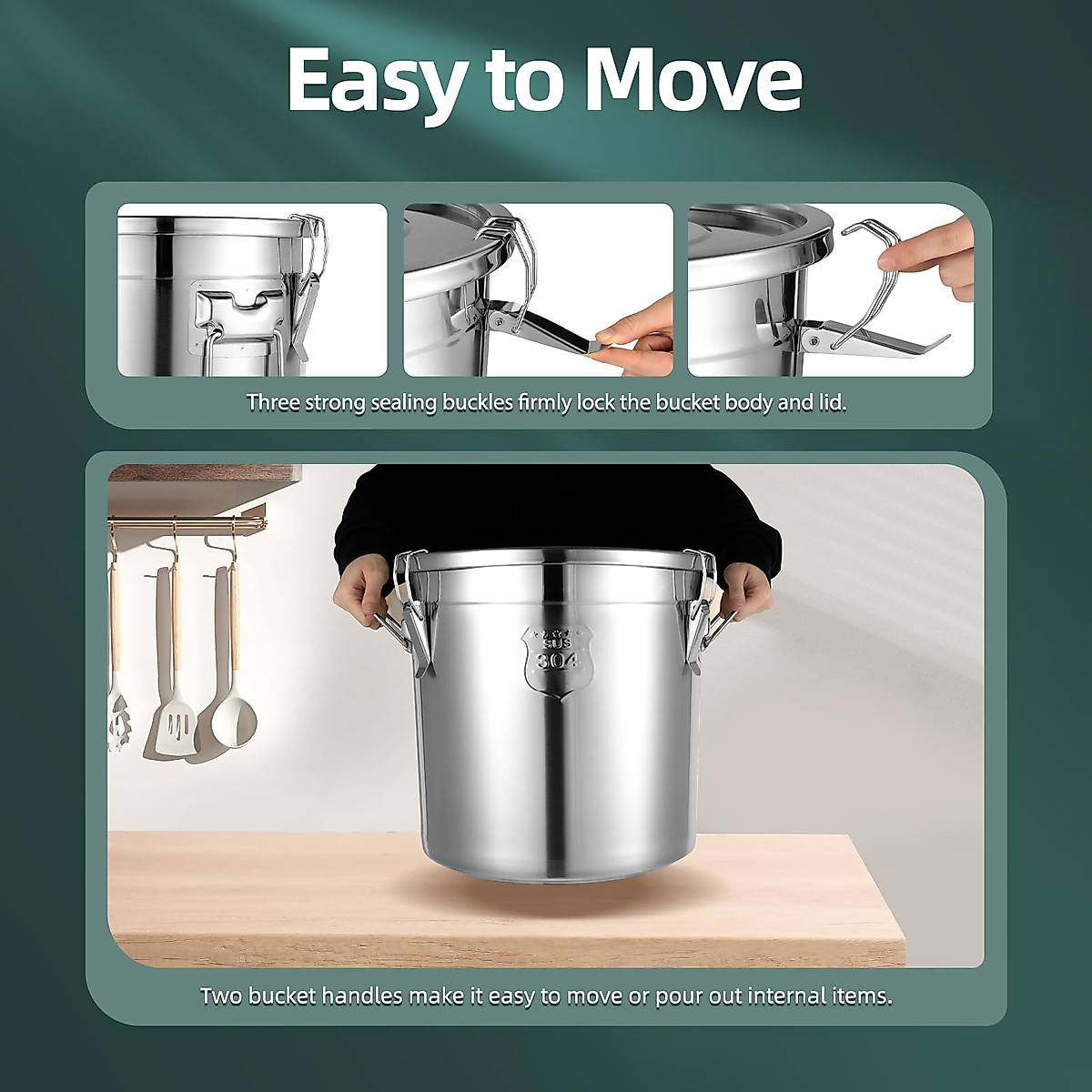 KONKENIE 21L Stainless Steel Airtight Canister Rice Cereal Grain Canisters Container Food Oil Sugar Milk Storage Bucket w/Handles+Lid Cylinder Jar for Household Kitchen Bar Restaurants Silver (21L)