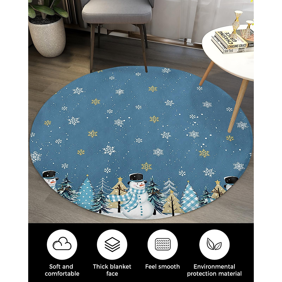 Christmas Snowman Fluffy Round Area Rug Carpets 3.3ft, Plush Shaggy Carpet Soft Circular Rugs, Non-Slip Fuzzy Accent Floor Mat for Living Room Bedroom Nursery Home Decor Blue Winter Tree Snowflake