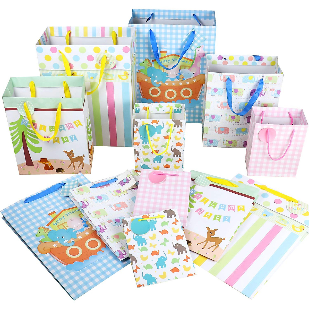 12 Pcs Baby Gift Bags, Large, Medium and Small Gift Bags Assortment for Baby Shower, Birthday, Parties, Baby Girl, and Baby Boy (Assorted Sizes)