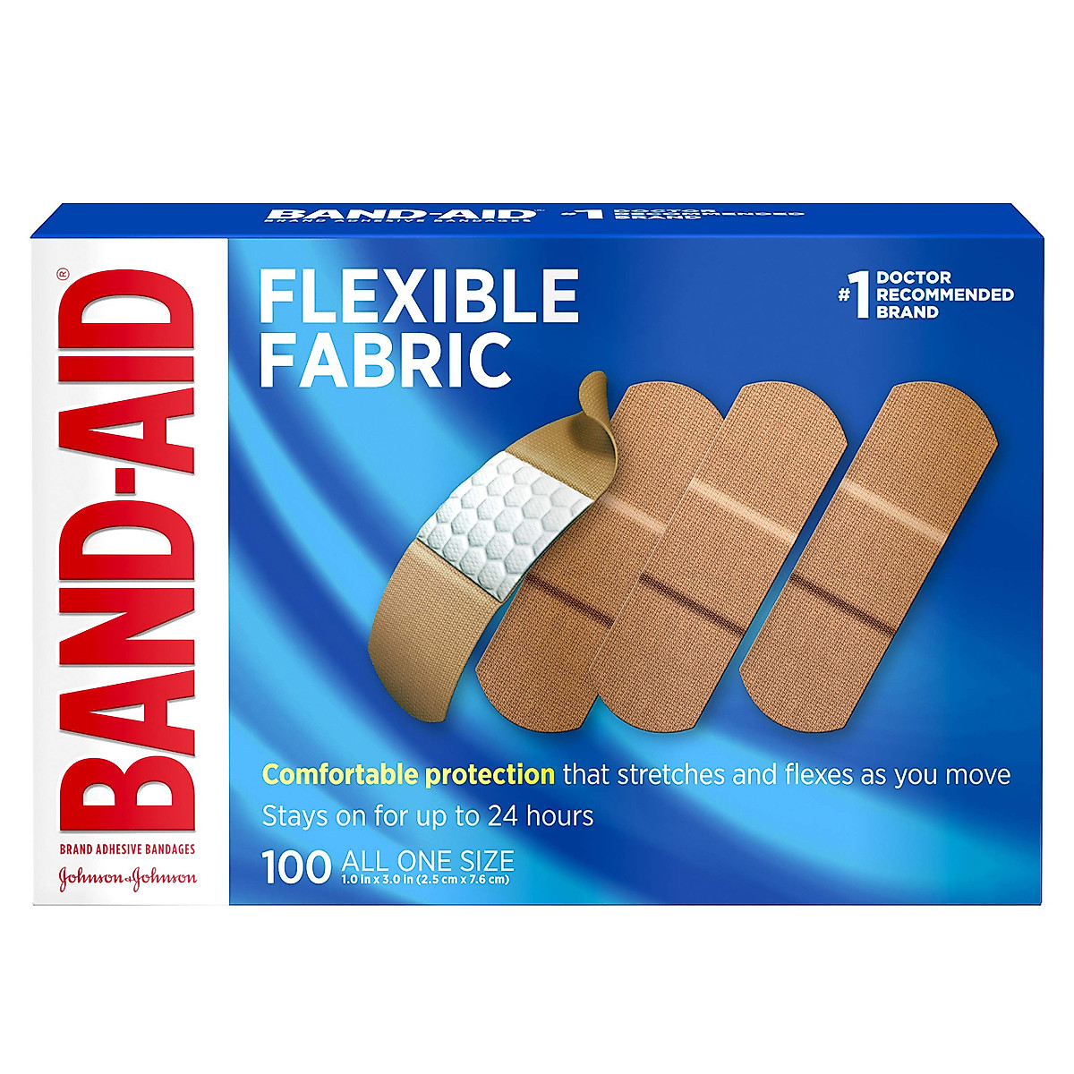 Band-Aid Brand Sterile Flexible Fabric Adhesive Bandages, Comfortable Flexible Protection & Wound Care for Minor Cuts, Pad Designed to Cushion Painful Wounds, One Size, 2 Pack, 100 Ct
