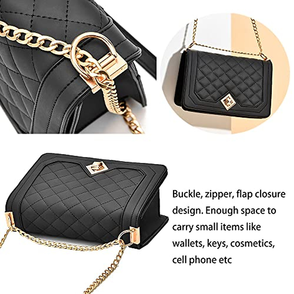 Kehpish Small Crossbody Bags for Women Shoulder Bag Quilted Satchels Clutch Handbag with Chain Strap (Black)