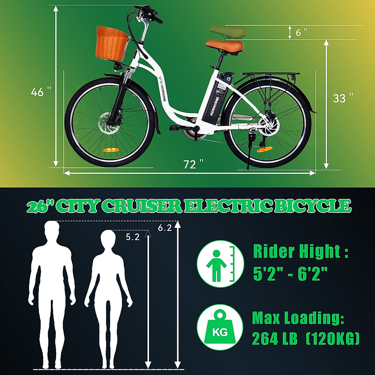 Electric Bike for Adult - 26" City Cruiser Electric Bicycle 350W Motor-12.5 Ah Removable Battery-Up to 40 Miles,Shimano 6-Speed and Dual Shock Absorber,City Electric Commuter Bike for Adults (White)