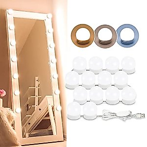 LED Vanity Lights For Mirror, Consciot Hollywood Style Lights With 14 Dimmable Bulbs, Adjustable Color & Brightness, USB Cable, Mirror Lights Stick on for Makeup Table Dressing Room Mirror,White