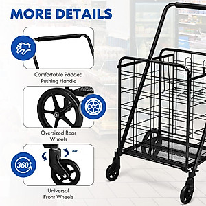 COSTWAY Folding Shopping Cart, Extra Jumbo Double Basket Grocery Cart with 360° Swivel Rolling Bearing Wheels, Dense Metal Mesh Base, Large Capacity Utility Cart for Market, Grocery, Laundry (Black)