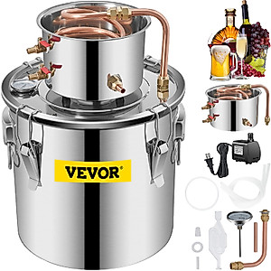 VEVOR Alcohol Still 5Gal/20L Alcohol Distiller Stainless Steel Distillery Kit for Alcohol With Copper Tube & Pump Home Brewing Kit Build-in Thermometer for DIY Whisky Wine Brandy