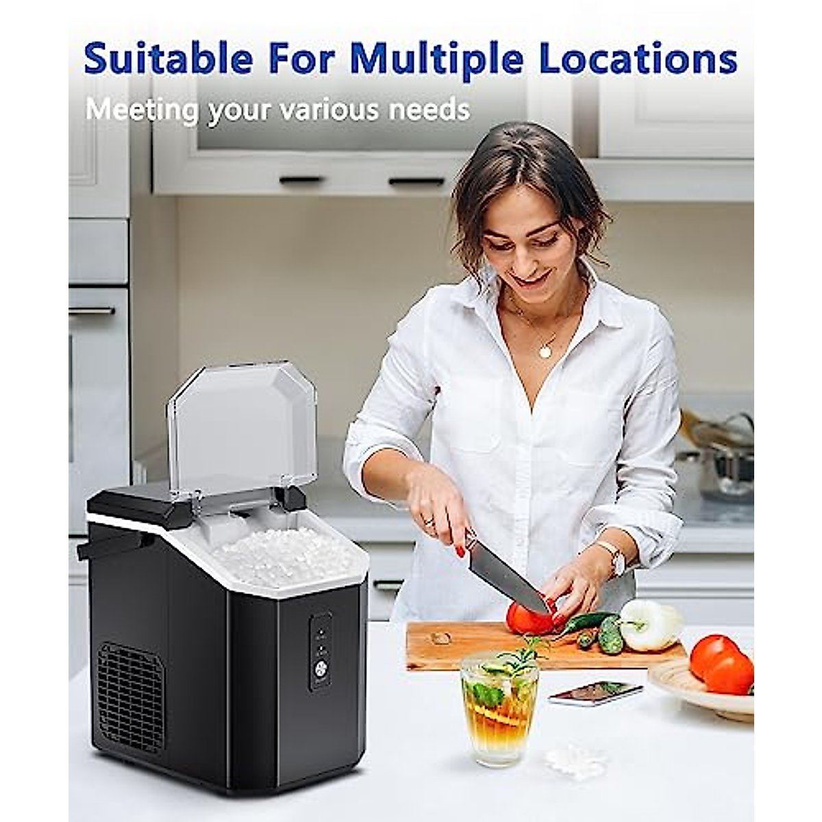 Joy Pebble Ice Maker Countertop, 10,000pcs/33lbs/Day Pebble Ice, Portable Nugget Ice Maker Machine with Handle, Self-Cleaning, Ice Scoop and Basket, Handheld Ice Maker for Kitchen/Home/Office/Party