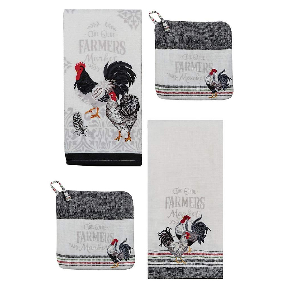 4 Piece Farmer's Market Country Kitchen Linen Set - 1 Terry Towel, 1 Tea Towel and 2 Pocket Mitts