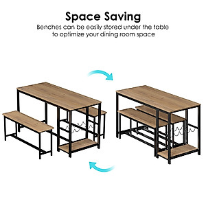 BOTLOG 3-Piece Kitchen Table for 4, 54.7" Dining Table Set with 2 Benches, Dining Room Table with MDF Wood Board, Storage Shelf, Wine and Glass Rack, Industrial (Brown)