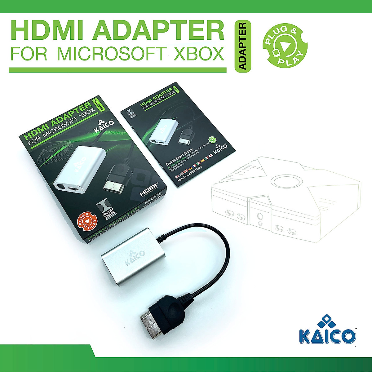 Kaico Original Xbox to HDMI Converter - Dolby Digital 5.1 via Optical Port - HD Link Cable for OG Xbox - Xbox to HDMI - Compatible with Original Xbox - Toslink Port to Support Amplifiers - Xbox2HDMI