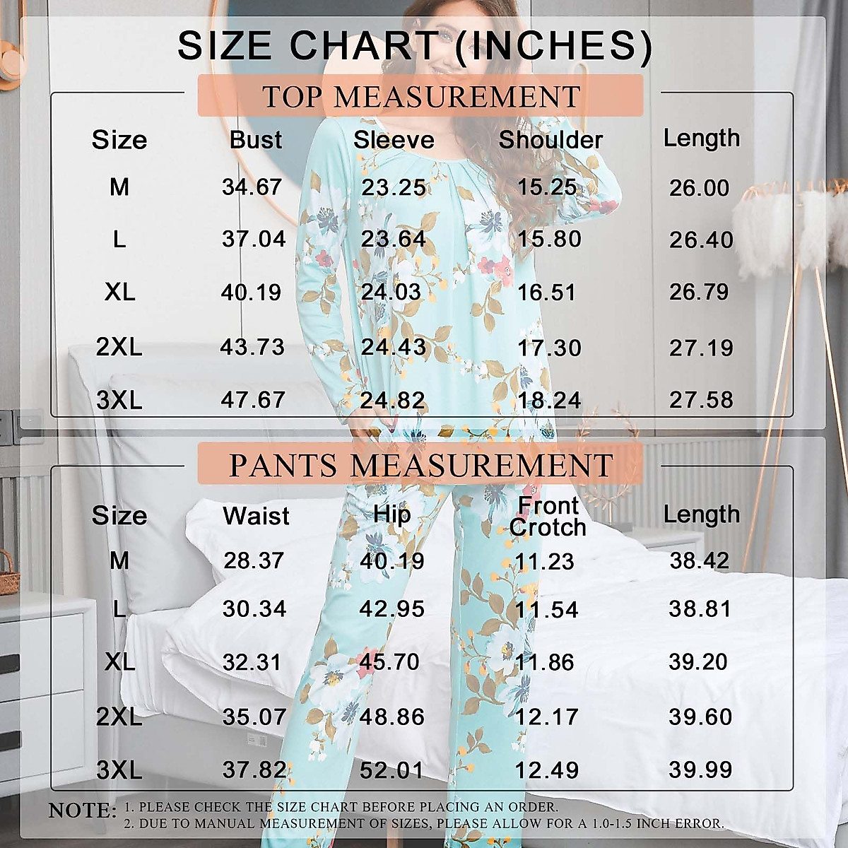 TAOHUADAO Women's Fall Pajamas Set with Pockets Soft Pants with Long Sleeve Top Ladies Sleepwear Plus Size Pjs Loungewear L, Mint Green