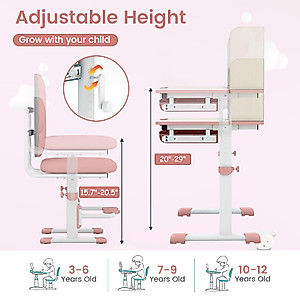 Costzon Kids Desk and Chair Set, Height Adjustable Children School Study Table and Chair Set w/Tilt Desktop, Storage Drawer Hutch, Student Computer Workstation, Kids Desk for Girls Bedroom (Pink)