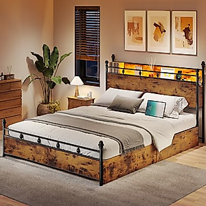 FORABAMB Queen Bed Frame with 4 Drawers, LED Bed Frame Queen Size with Headboard and Charging Station, Metal Platform Bed with Storage, No Box Spring Needed, Easy Assembly, Rustic Brown