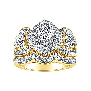AFFY 2 1/2 Cttw Round Cut White Natural Diamond Halo Wedding Engagement Ring Set 14k Yellow Gold (Clarity: I2-I3, Color: I-J, 2.50 Carat) Ring Size-5