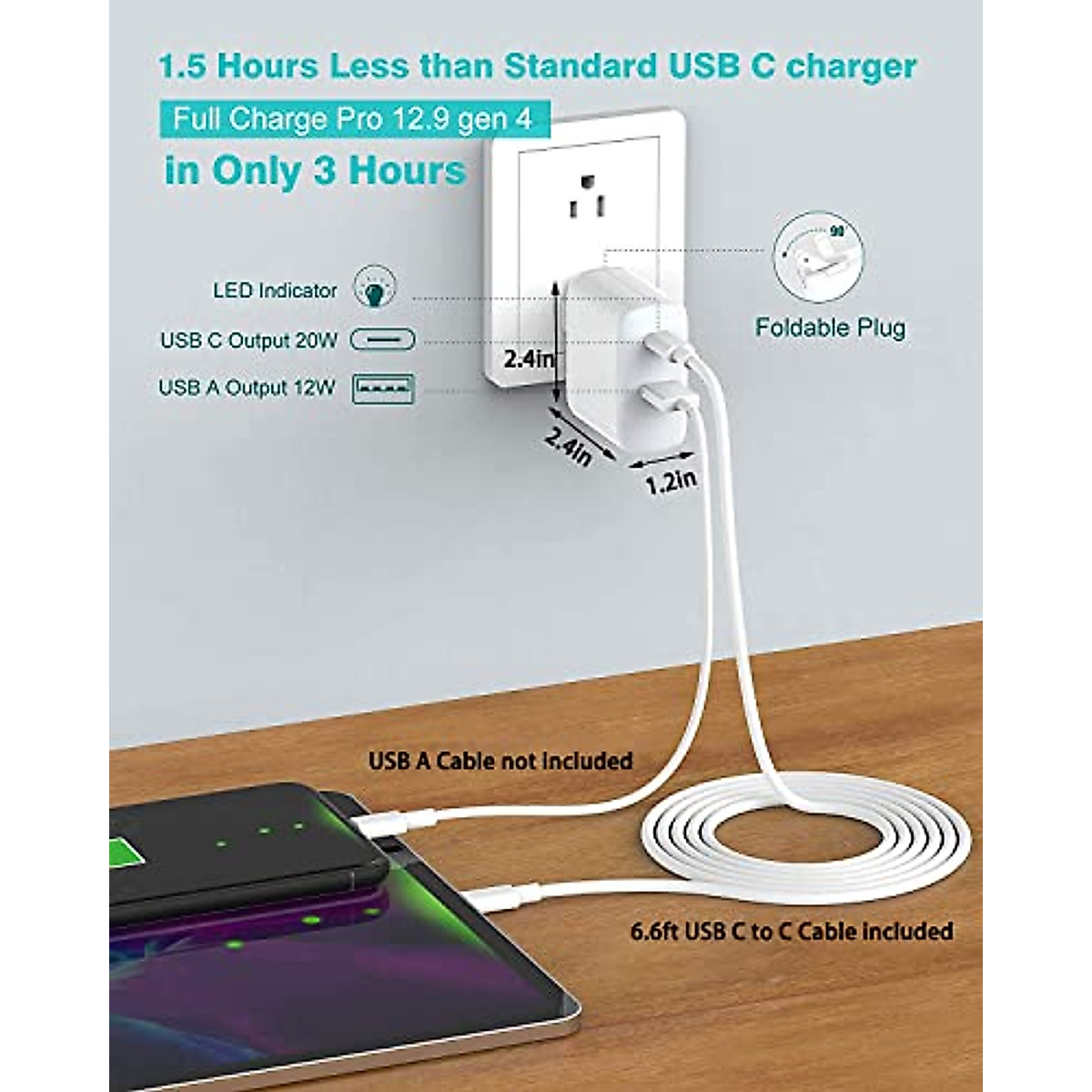 32W 2 Port with 20W USB C Fast Charger Compatible with iPad Pro 12.9 Gen 5/4/3 2021/2020/2018, Pro 11 Gen 3/2/1, New Mini 6, Air 4, Pixel 5 4 3 2 XL 3/4A 2/3/4XL，6.6ft 3A USB C to C Cord