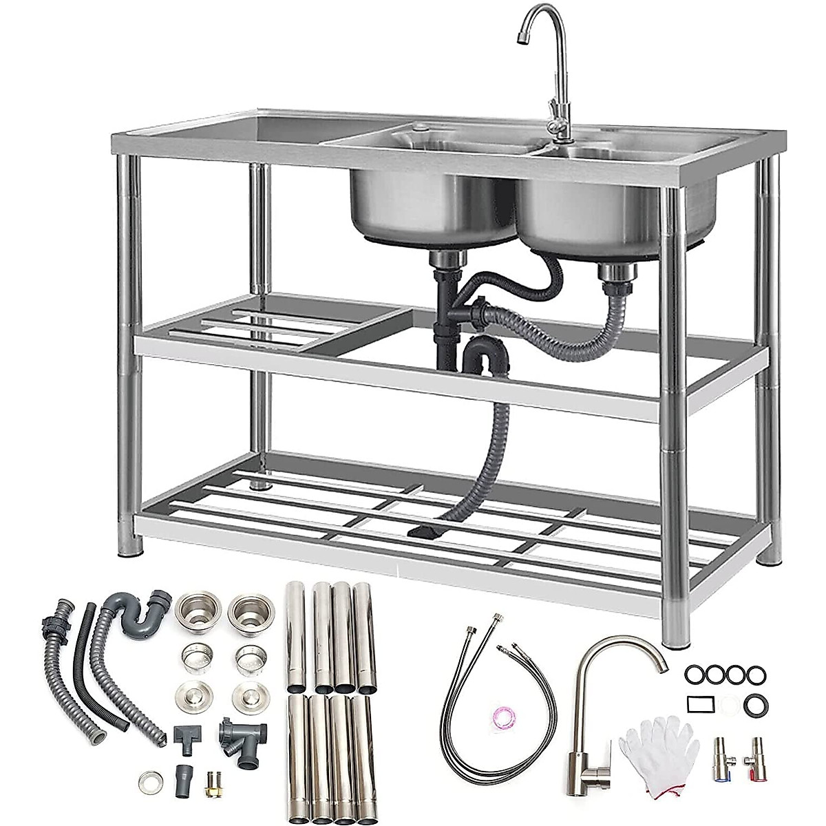 Double Bowl Kitchen Sink Set, Free Standing Double Bowl Kitchen Sinks Utility Restaurant Kitchen Sink for Restaurant, Kitchen, Garage