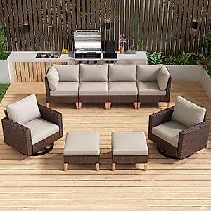 HUMMUH 8 Pieces Patio Furniture,Outdoor Modular Sectional Couch Swivel Rocking Chairs with Ottomans,All Weather PE Wicker Patio Conversation Sets for Garden Porch Backyard