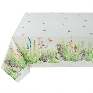 Benson Mills Bunny Meadow Easter Heavyweight Fabric Tablecloth, Spillproof Indoor/Outdoor Spring and Easter Table Cloth (60" x 84" Rectangular, Bunny Meadow)