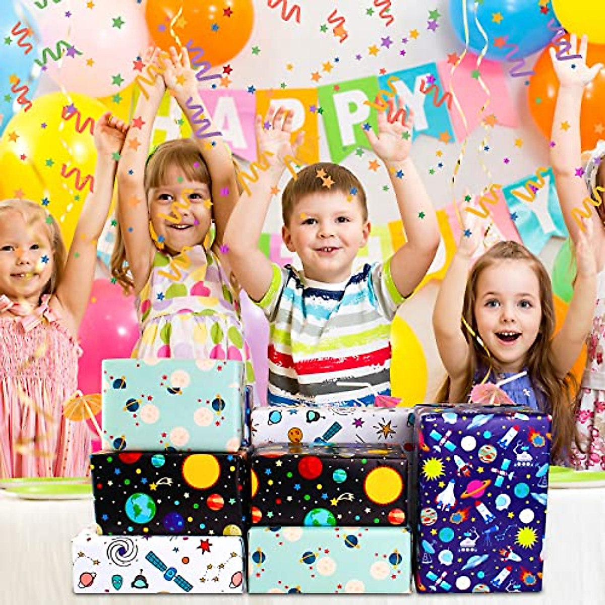 Outer Space Wrapping Paper Birthday Wrapping Paper for Boys Girls Kids Childrens Men Women - Gift Wrapping Paper Set with Blue White Navy Bulk Packaging Paper Assortment for Birthday Party Holiday Decoration DIY Crafts Supplies - Galaxy Spaceship Galactic