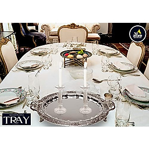 Silver Plated Menorah Tray with Handles - 16 Inch x 12 Inch - for Shabbos, Yom Tov, Hanukkah Drip Tray - Large Oval Silver Tray - Ner Mitzvah