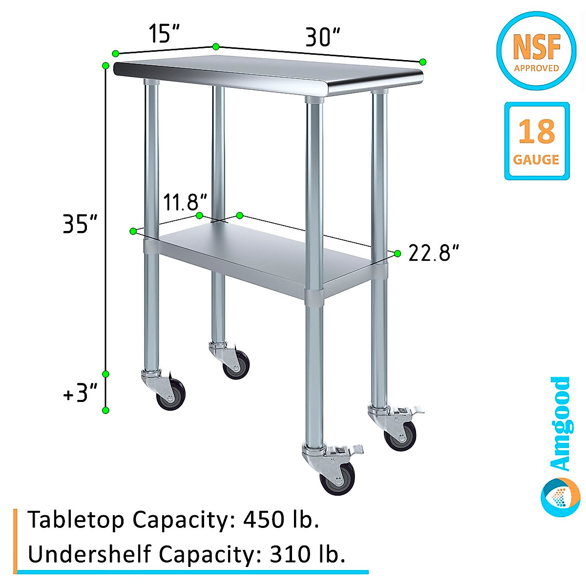 AmGood 30" x 15" Stainless Steel Work Table with Casters | Heavy Duty Metal Utility Table On Wheels | Kitchen Island Cart