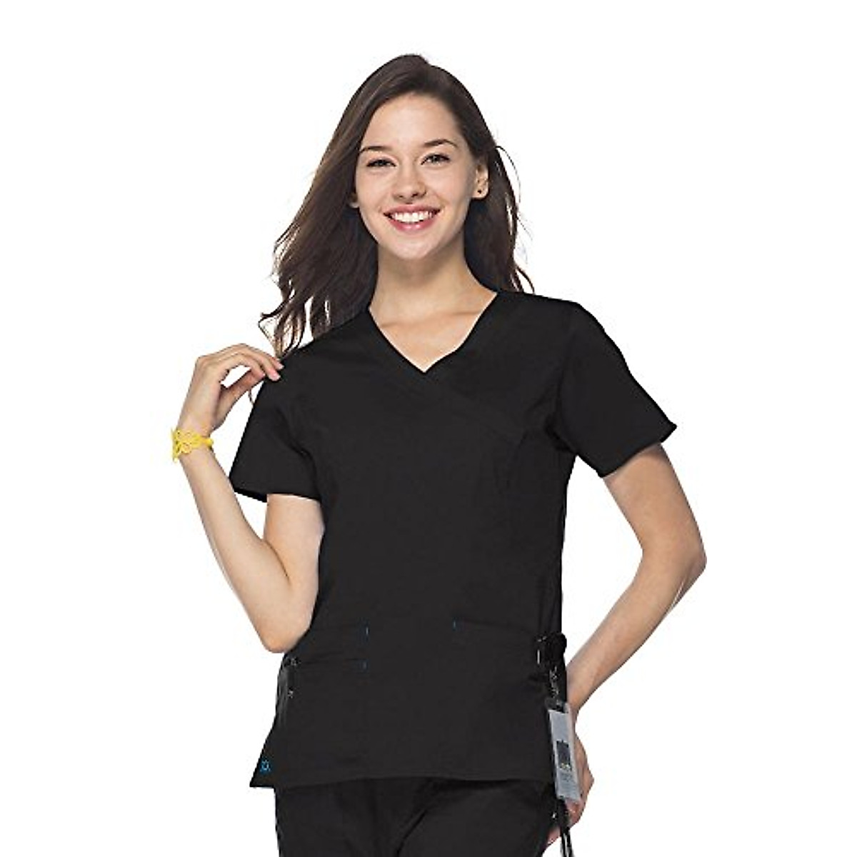 Maevn Blossom Mock Wrap Top (Medium, Black/Pacific Blue Trim)