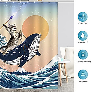 Aimego Funny Shower Curtain Brave Cat Holding Trident Arrow Riding Shark in Ocean Wave, Whale Cat Shower Curtain Set with 12 Hooks for Bathroom Decor Accessories Bathtub Curtain, 72"x72"