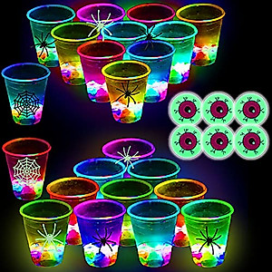 (Flash Color) The Halloween Glow in The Dark Beer Pong Set-Light up Beer Pong Cups for Indoor Outdoor Nighttime Competitive Fun,22 Glowing Cups, 6 Balls- Party Game