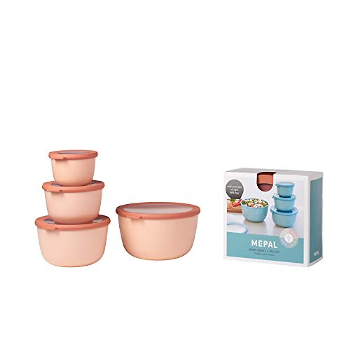 Mepal, Cirqula Set of 4 Multi Food Storage and Serving Bowls with Lids, Food Prep Containers, Deep, Nordic Blush, 1 each (17oz, 34oz, 68oz, 101oz), 1 Set