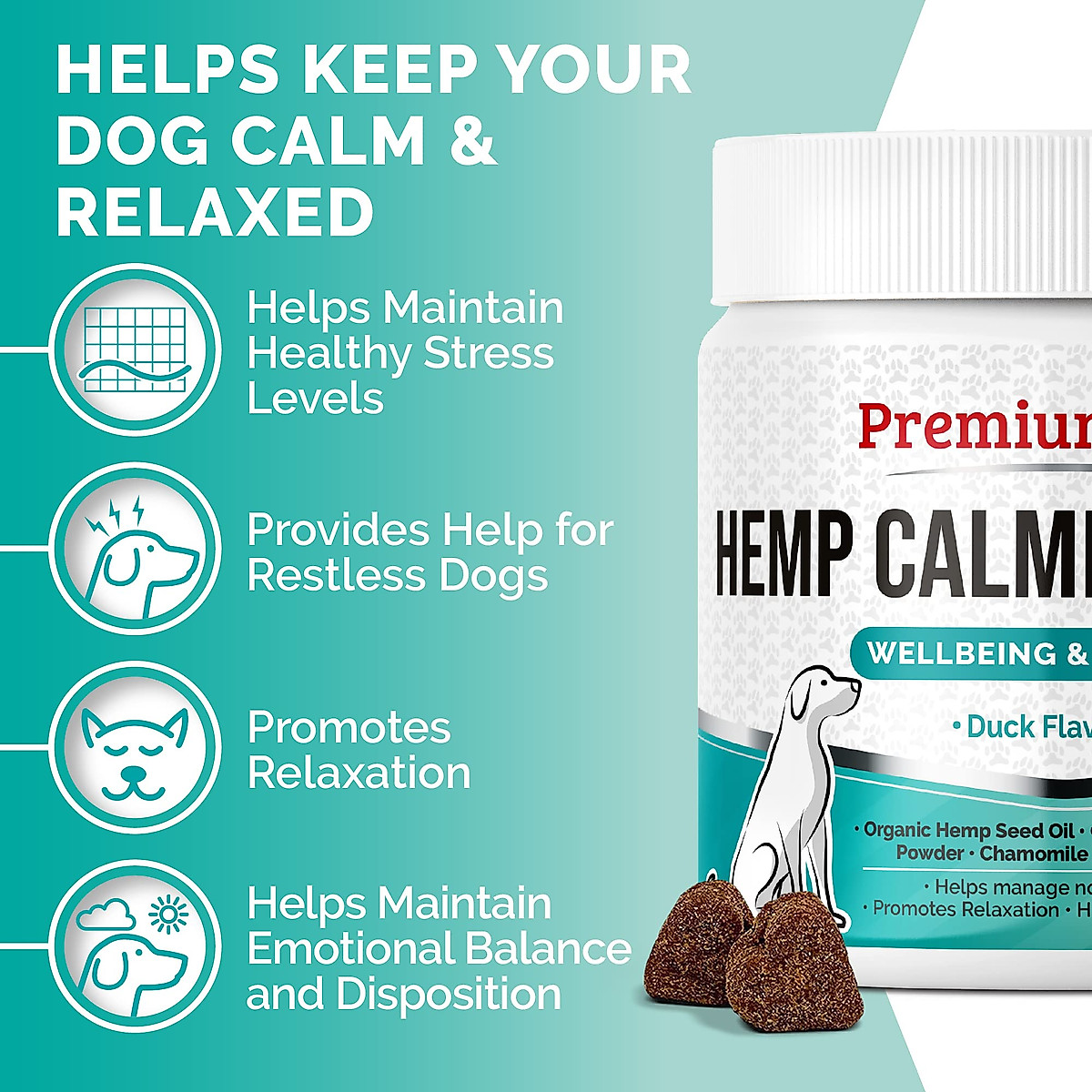 PREMIUM CARE Hemp Calming Chews for Dogs Anxiety - Made in USA, Calming Dog Treats, Dog Calming Chews - Anxiety Relief Treats, Dog Barking Deterrent, Anxiety Relief for Dogs, 60 Duck-Flavored Chews