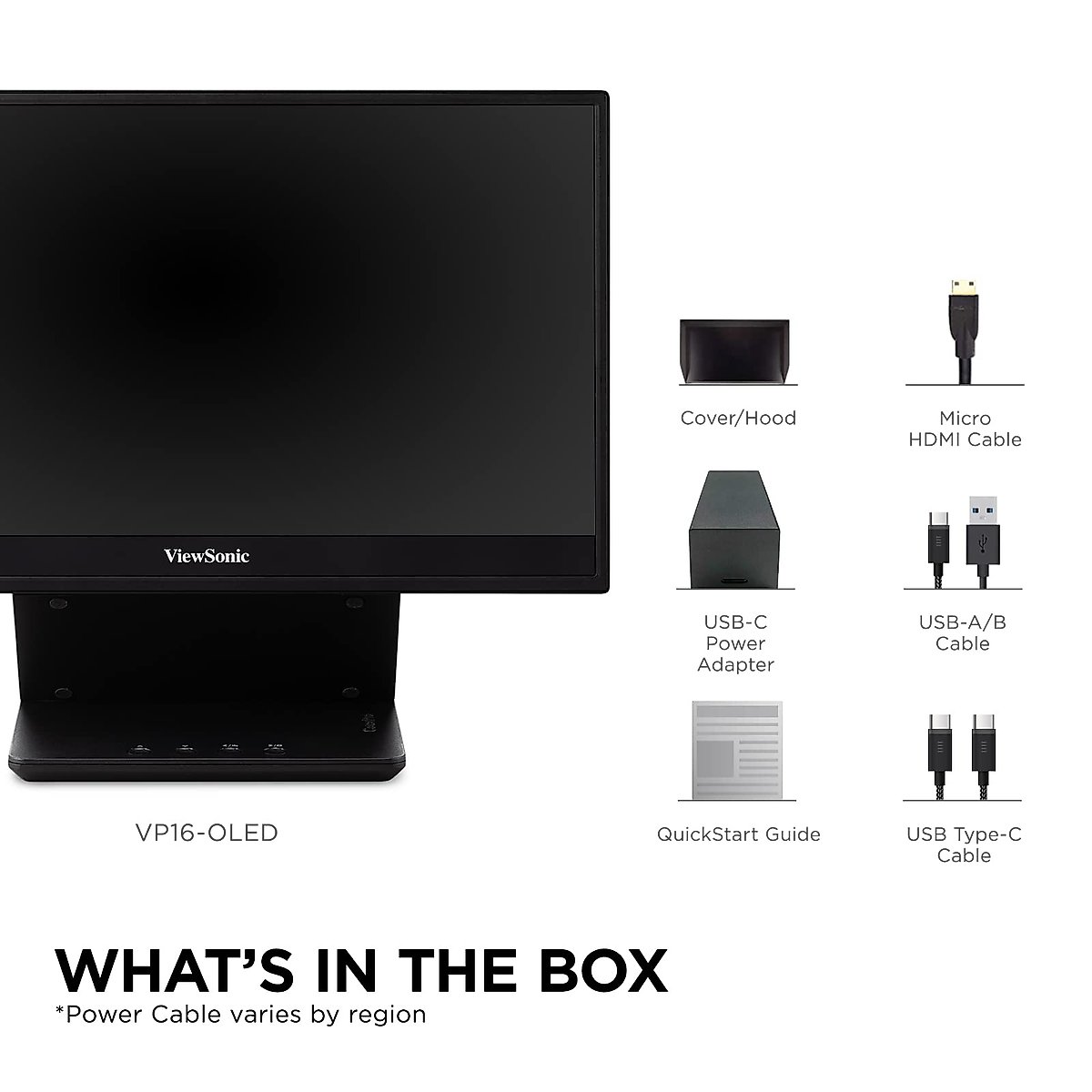 ViewSonic VP16-OLED 15.6 Inch 1080p Portable OLED Monitor with 2 Way Powered 40W USB C, Pantone Validated, Factory Calibrated, Built-in Ergonomic Stand with Protective Cover,Black