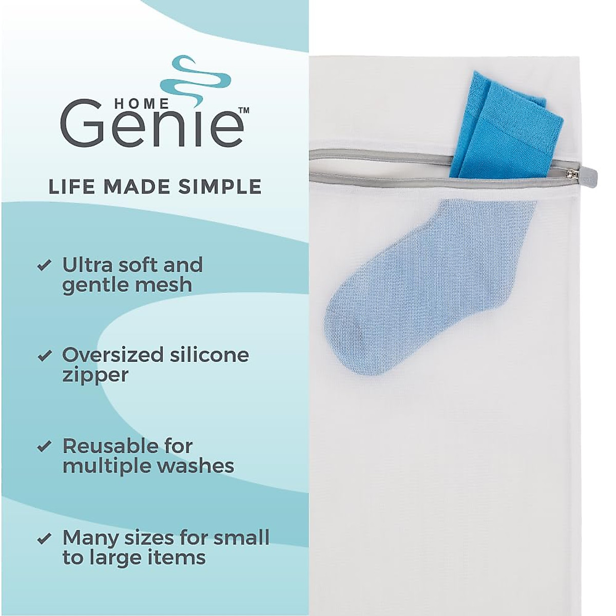 HOME GENIE Durable and Gentle Mesh Laundry Bags for Washing Delicates, Oversized Silicone Zipper, Machine Safe for Bras Lingerie Baby Garments, Net Bag for Tangle Free Wash Dry, Travel, 3 Pk Medium