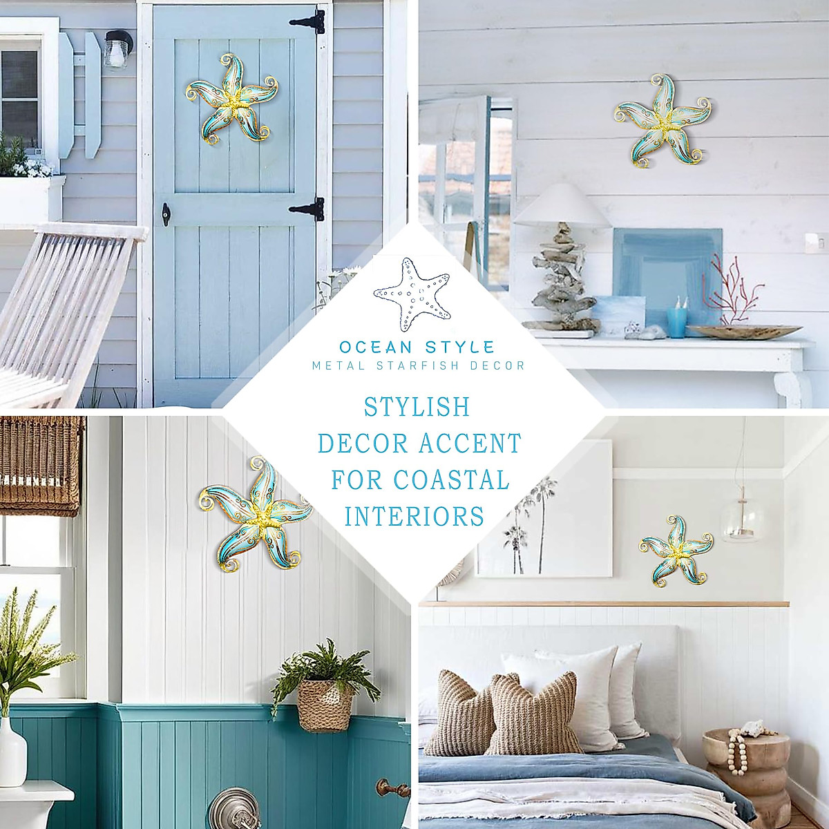 POXOHO Metal Starfish Wall Decor, Sea Life Coastal Decorations 12 inch Starfish Wall Art, Nautical Home Decoration Handing Ocean Beach Wall Art for Garden,Fence,Home,Patio,Kitchen,Bathroom,(Blue)