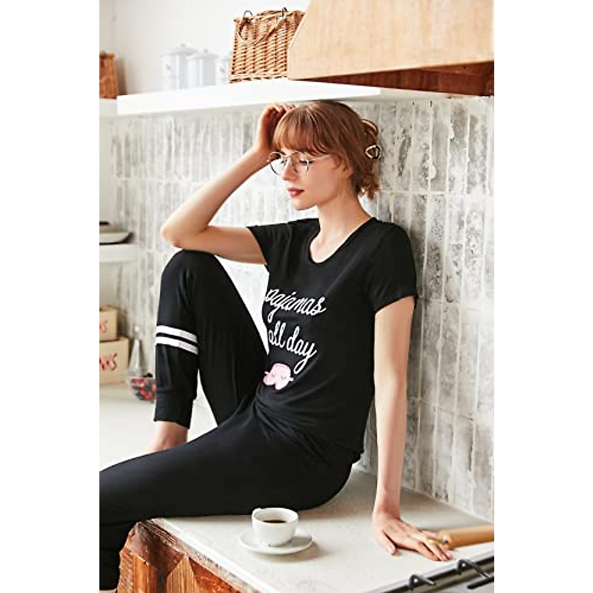 Ekouaer Womens Pajamas Lightweight Pajama Set Short Sleeve Shirts Long Pants Slastic Waist with Drawstring Black Gift for Wife