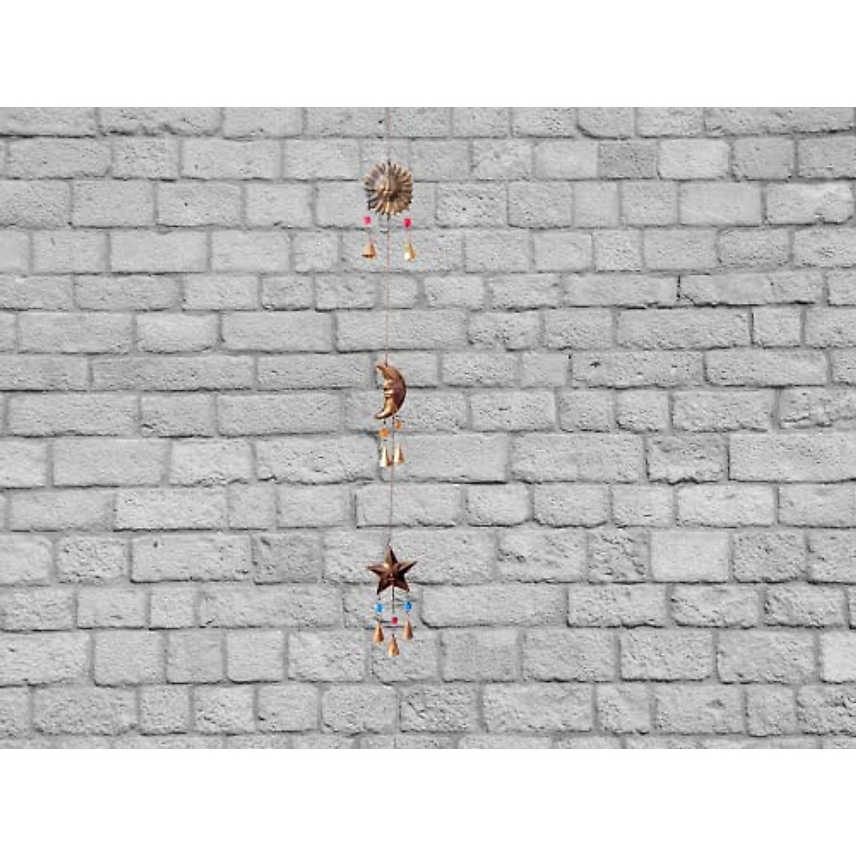 Mie Creations Sun Moon Star Face Wall Hanging Décor Chime Bells | Metal Cutouts Ornaments, Crescent Moon Phases Garland Art | Celestial, Earthy Decorations | Wicca Pagan Christmas Décor -Antique Gold