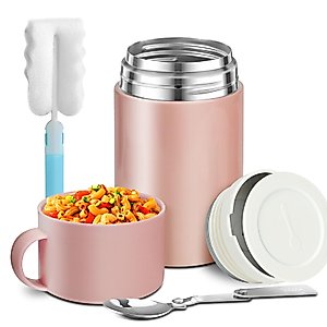 Baokai Insulated Food Jar 18 oz, Leak Proof Soup Thermos for Kids Adults, Stainless Steel Thermal Lunch Container for Hot Food with Folding Spoon for School Office Camping Picnic Travel - Pink