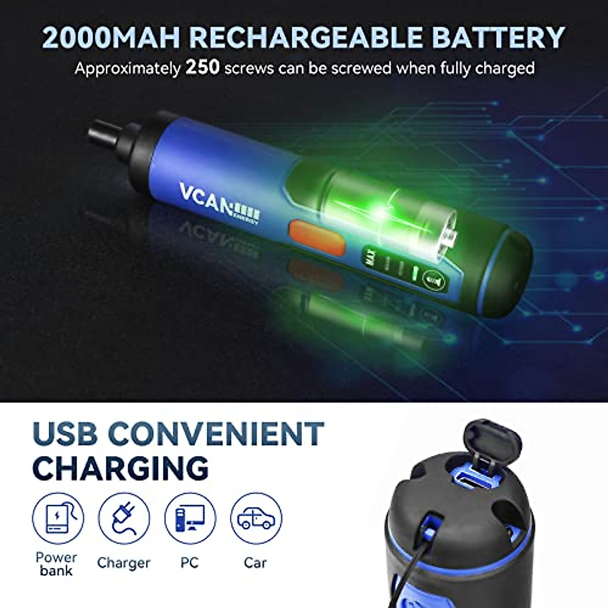 VCANENERGY 4V Electric Screwdriver,2000mAh USB Rechargeable Battery,Cordless Power Screwdriver with LED Light,Adjustable Torque,38 in 1,Suitable for small projects