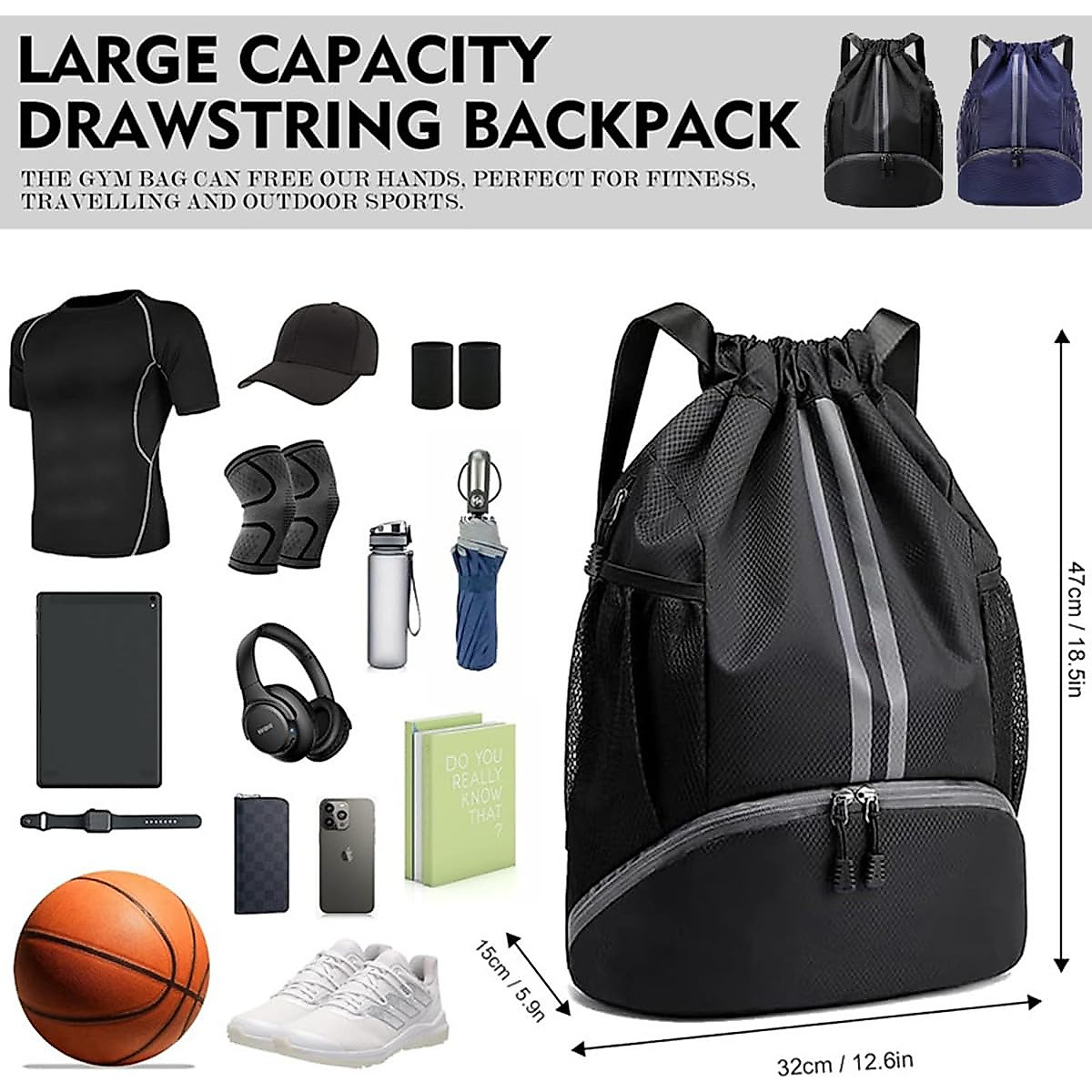 Allzbst Sports Drawstring Backpack - Water Resistant Lightweight String Gym Bag with Shoes Compartment and Wet Proof Pocket for Women Men